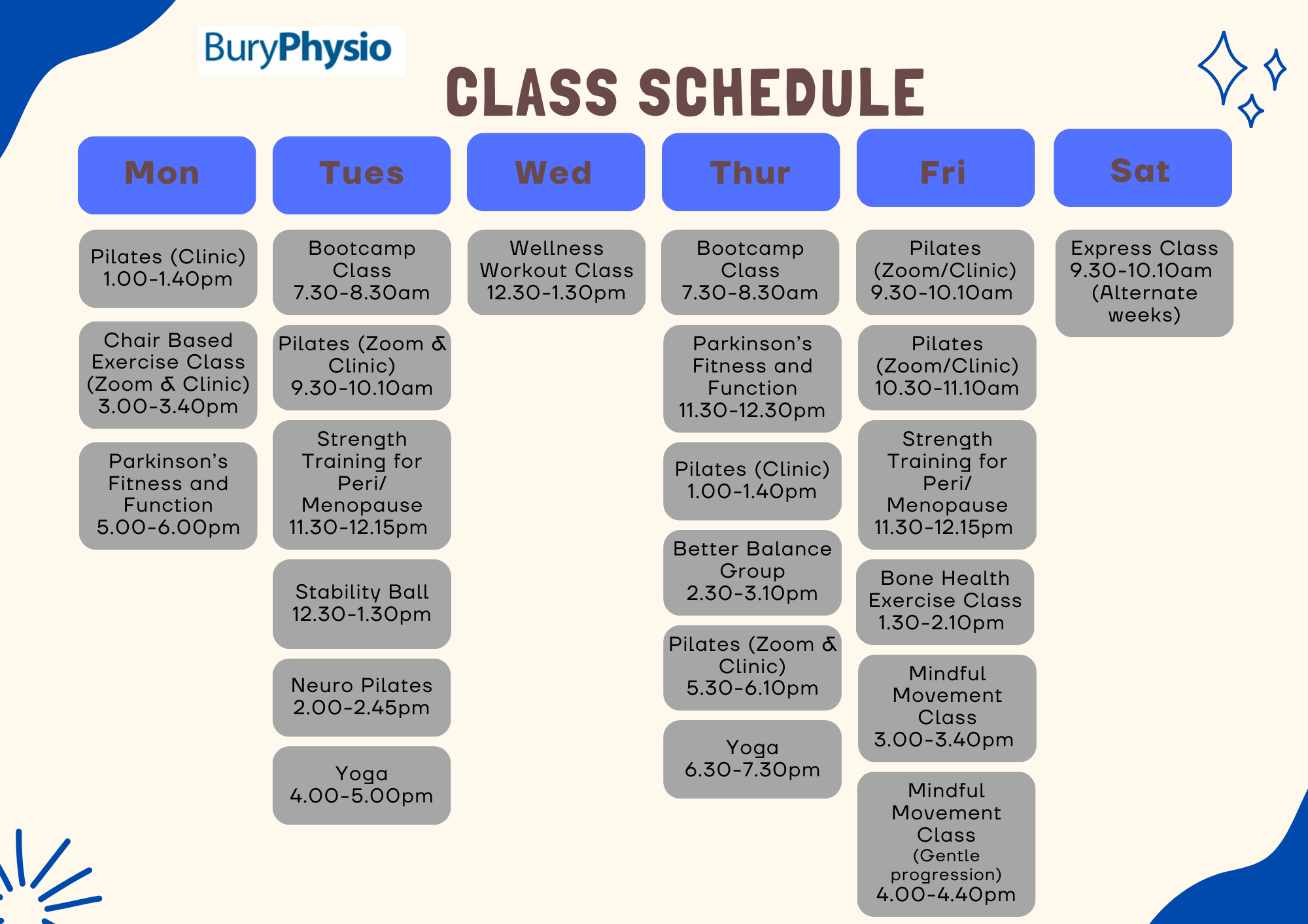 Exercise Class Schedule - Bury Physio